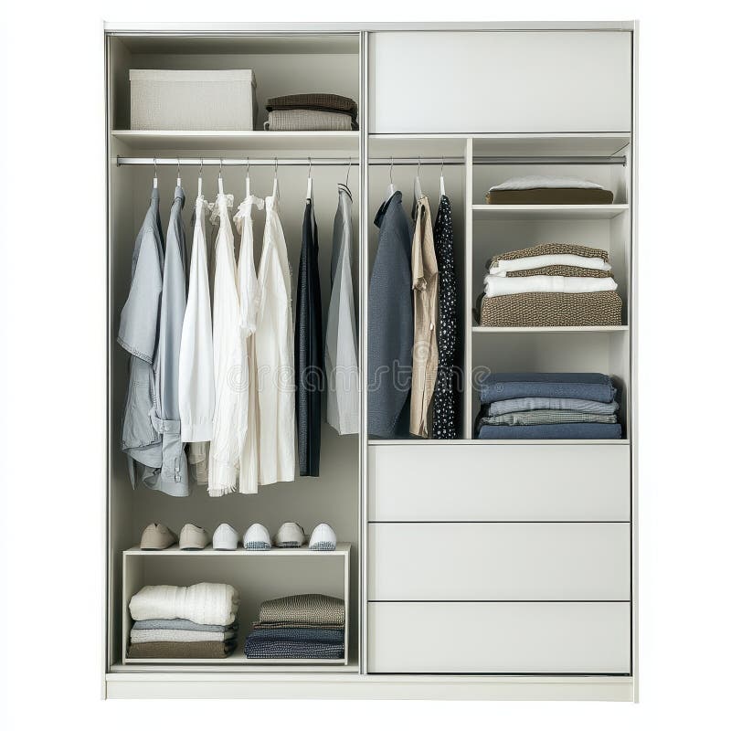 A Neatly Organized Wardrobe Displaying Clothes, Shoes, and Folded Items ...