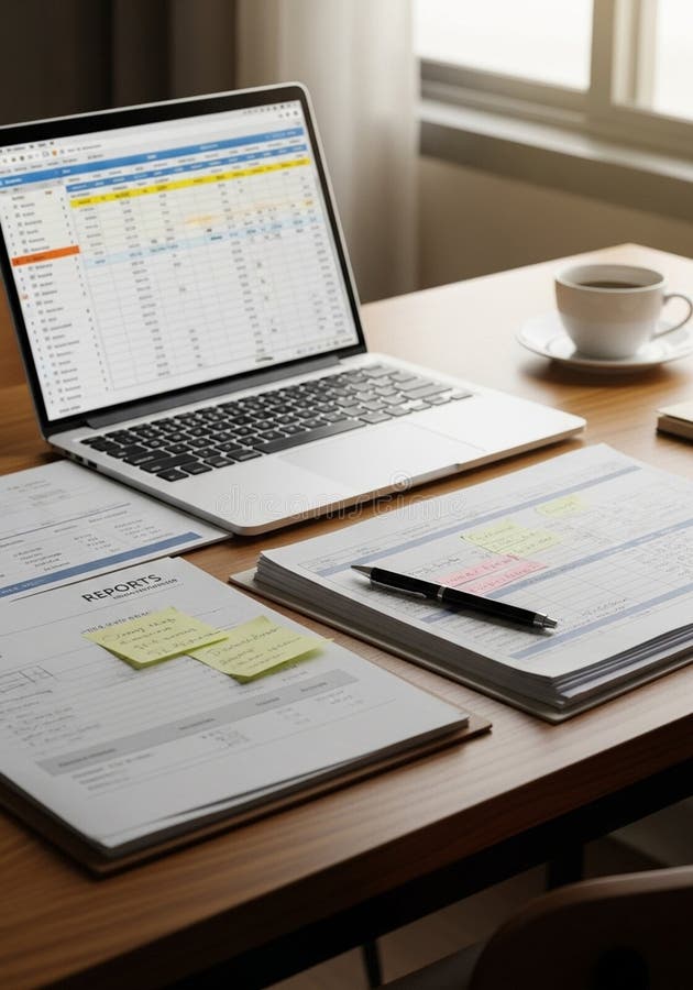 A Neatly Organized Workspace Features an Open Laptop Displaying a ...