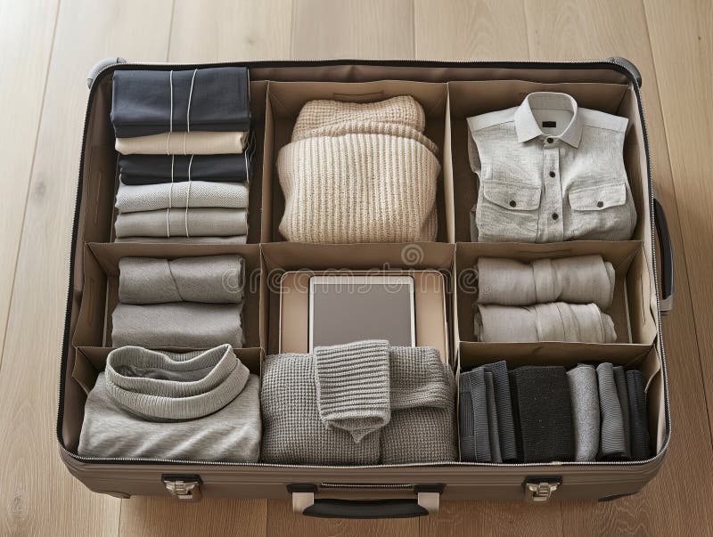 Neatly Packed Suitcase with Folded Clothes and Tablet Stock Image ...