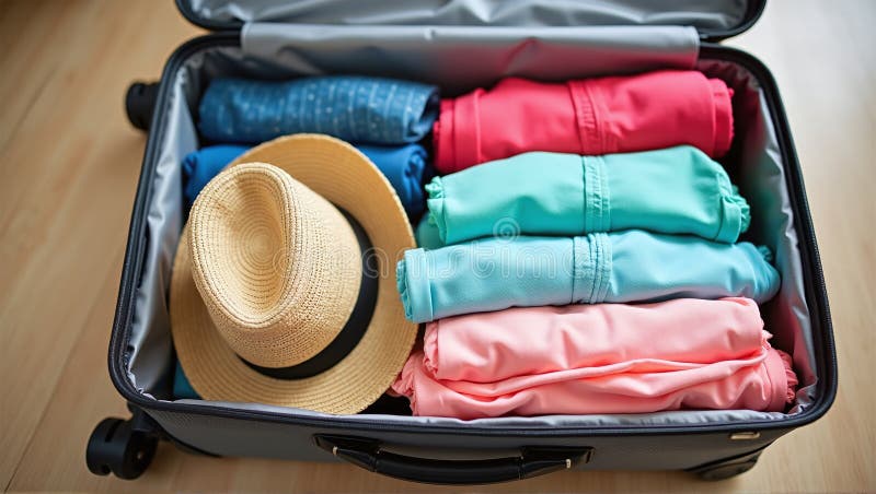 A Neatly Packed Suitcase with Sunhat, Ready and Prepped for a Perfect Vacation Trip Stock ...