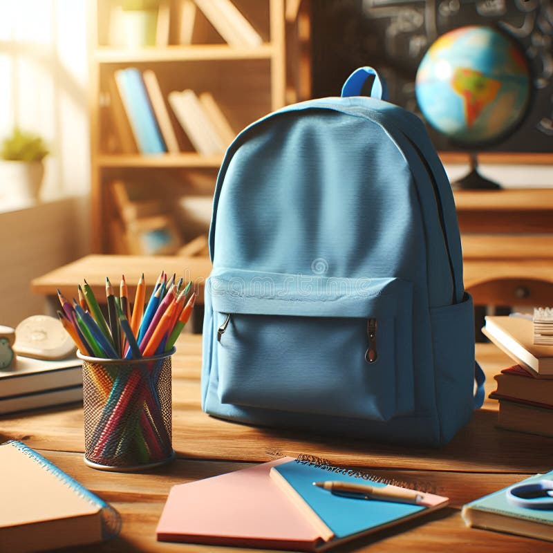 Classroom Ready: Blue School Bag on Desk, Generative AI. Stock ...