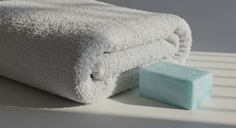 A Neatly Rolled, Light Gray Towel Made of Soft, Textured Terrycloth Lies on a Flat Surface ...