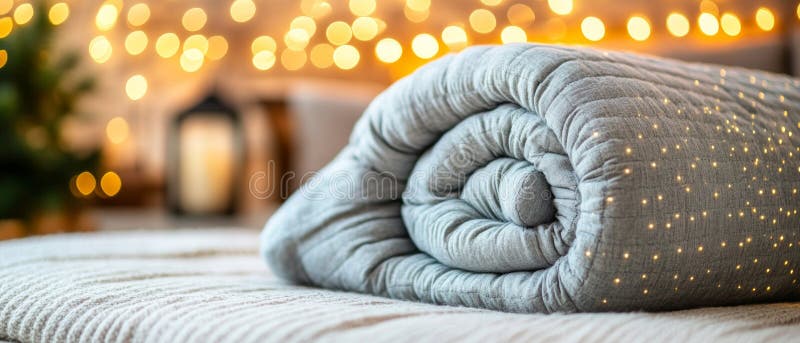 A Neatly Rolled Weighted Blanket Rests on a Soft Bed, Surrounded by ...