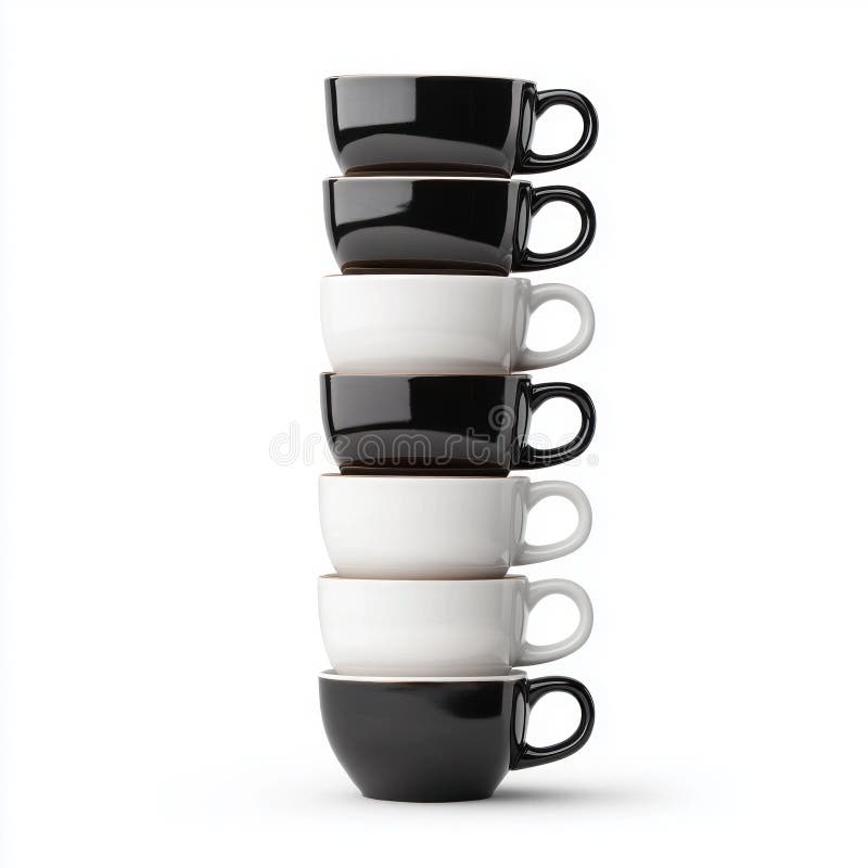 A Neatly Stacked Arrangement of Alternating Black and White Coffee Mugs on a Seamless White ...