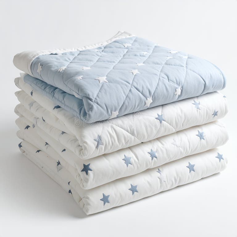 Neatly Stacked Blankets with Star Patterns in Light Blue and White Hues ...