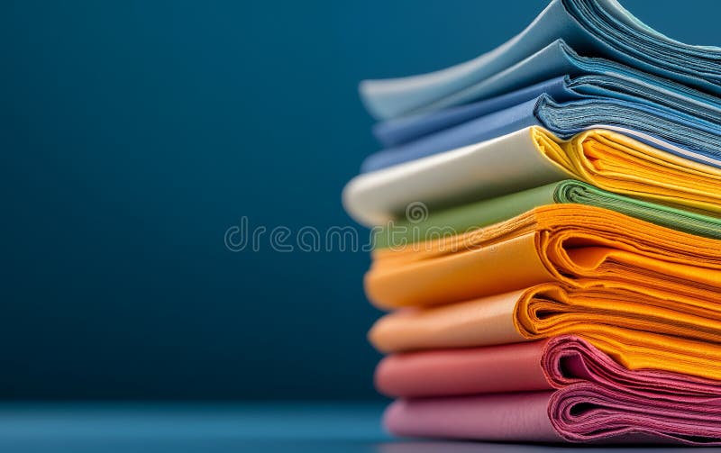 A Neatly Stacked Collection of Brightly Colored Fabrics on a Teal ...