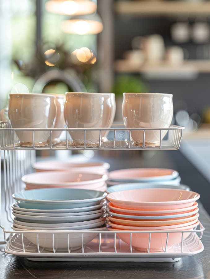 Neatly Stacked Cups and Plates on a Two-tier Kitchen Shelf. Stock Photo ...