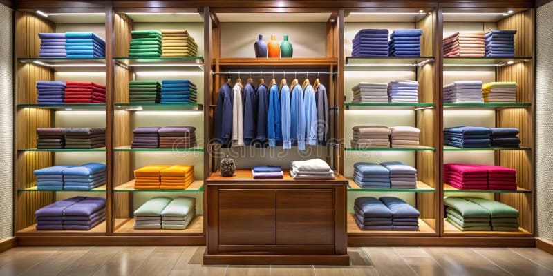 Neatly Stacked Folded Garments and Hanging Suits Displayed in a ...