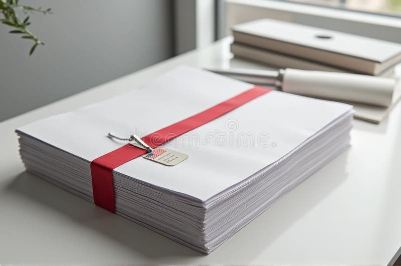 Neatly Stacked Paper Pile with Red Ribbon and Label on Office Desk ...