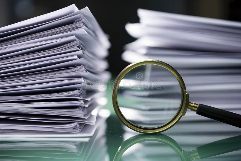 Neatly Stacked Papers with Magnifying Glass on Reflective Surface Stock ...