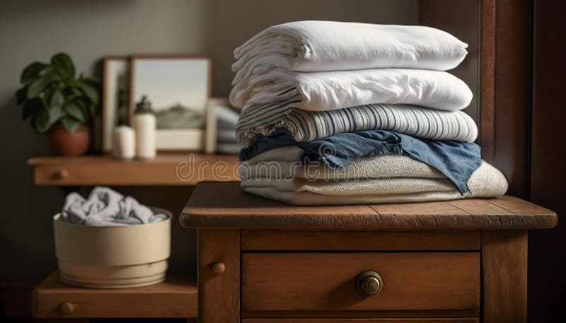 Neatly Stacked Pile of Clean Clothes on Table, Laundry Day, Generative ...