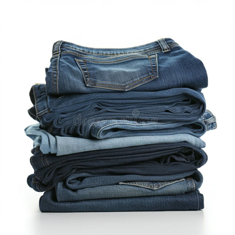 A Neatly Stacked Pile of Folded Blue Jeans in Varying Shades Sits on a ...
