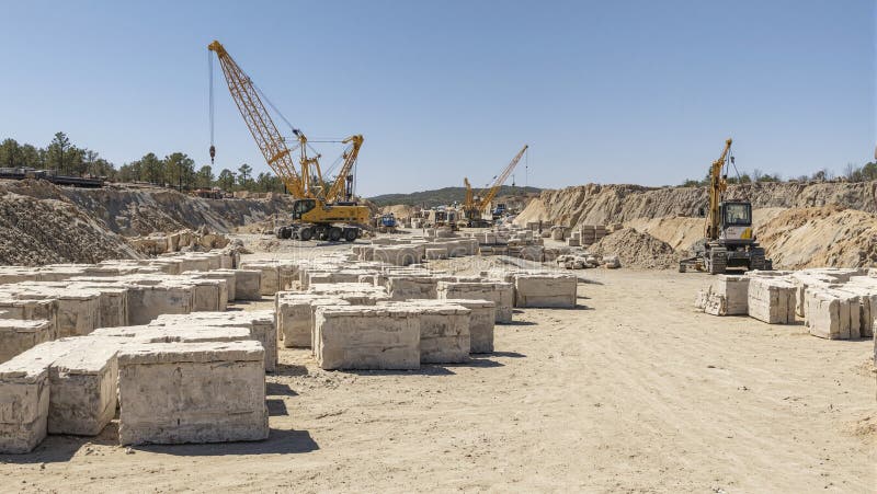Neatly Stacked Sandstone Blocks in Quarry Yard with Cranes Bright ...