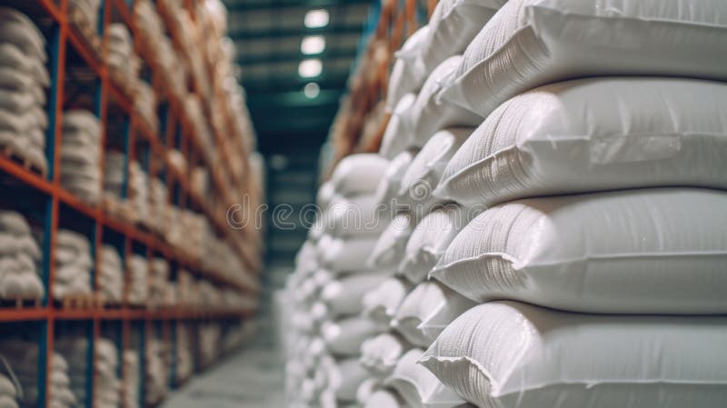 Neatly Stacked Sugar Bags in a Warehouse Storage Aisle. Stock Image ...
