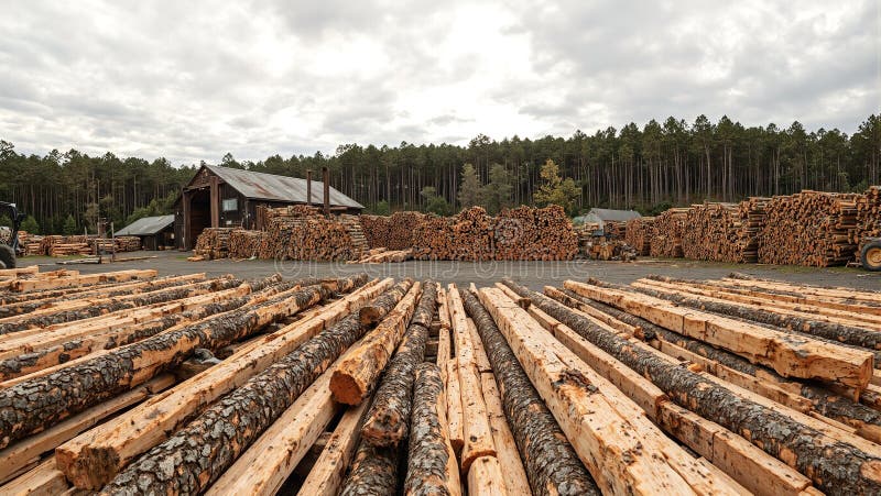 Neatly Stacked Unprocessed Lumber Logs at Sawmill with Trees and Cloudy ...