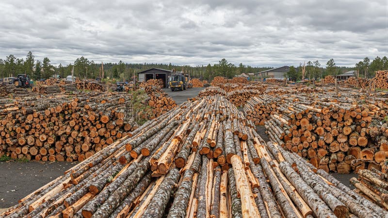 Neatly Stacked Unprocessed Lumber Logs at Sawmill with Trees and Cloudy ...