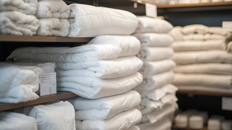 Neatly Stacked White Linens on Shelves in Linen Store Display Stock ...