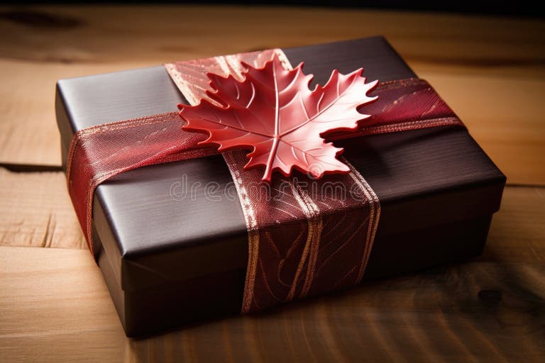 A Neatly Tied Gift Box with a Maple Leaf on Top Stock Photo - Image of ...