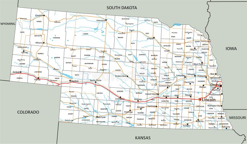 Detailed Nebraska Road Map with Labeling. Stock Vector - Illustration ...