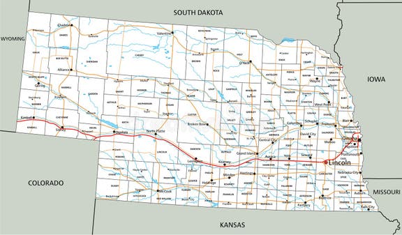 Detailed Nebraska Road Map with Labeling. Stock Vector - Illustration ...