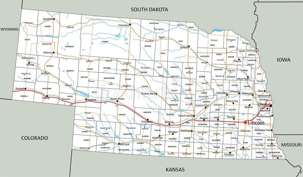 Detailed Nebraska Road Map with Labeling. Stock Vector - Illustration ...