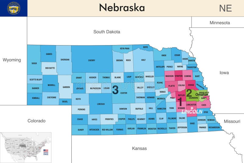 Nebraska State Map with Counties Borders and Colored Congressional ...