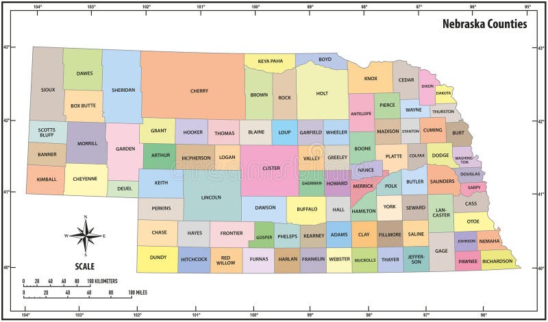 Nebraska State Outline Administrative and Political Map in Color Stock ...