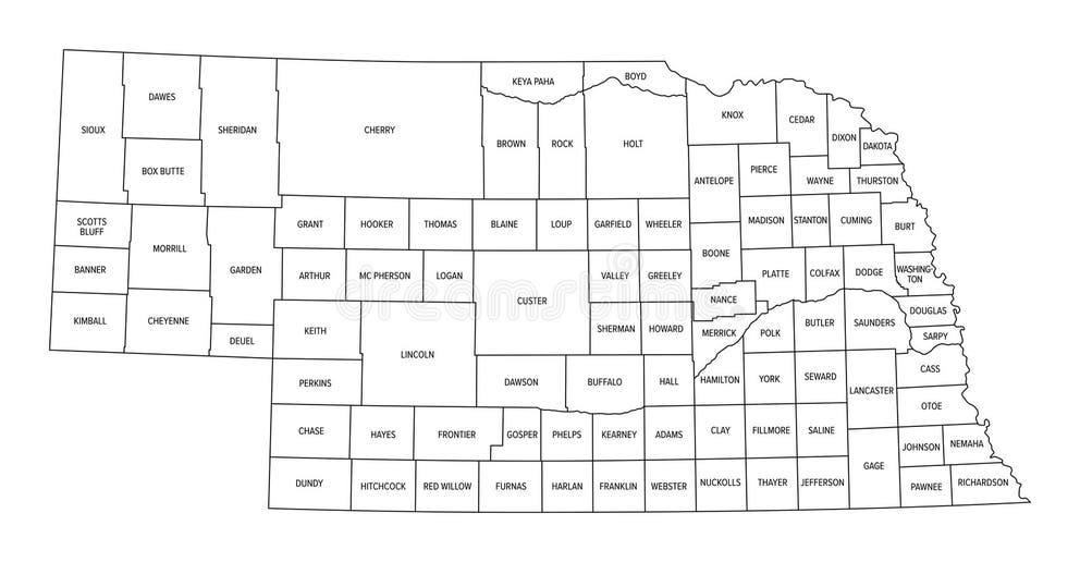 State of Nebraska, Subdivided into 93 Counties, Outline Map Stock ...