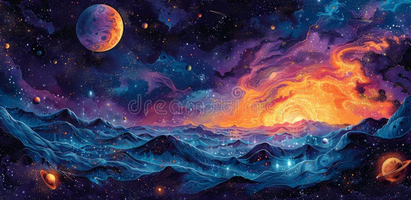 Nebula and Planets in the Night Sky. Astronomical Illustration Stock ...