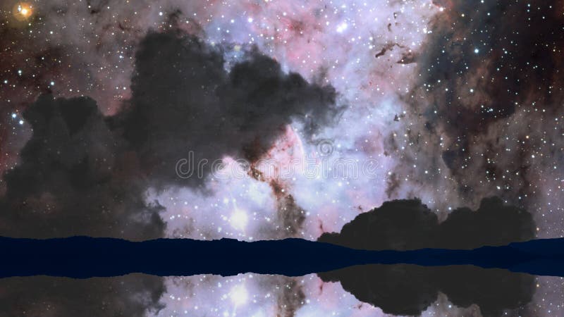 Nebula Reflection Mirror on Dark Night Sky Over Water Surface Stock ...