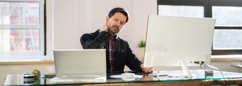 Neck Pain and Stress. Bad Posture at Computer Stock Image - Image of ...