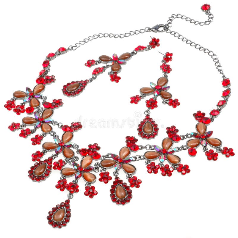 Necklace and Ear Rings with Red Gems Stock Photo - Image of chain, gems ...