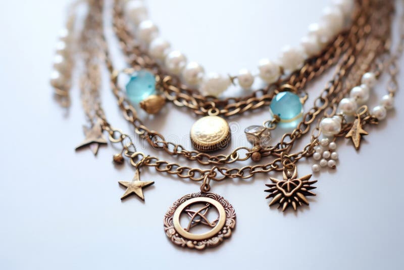 A Necklace with Layered Strands with Delicate Charms White Background ...