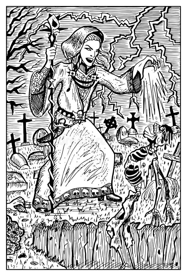 Necromancer and the Undead. Engraved Fantasy Illustration Stock Vector ...