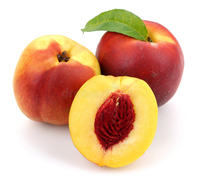 Nectarine Peach With Leaf On White Background Stock Photo - Image of ...
