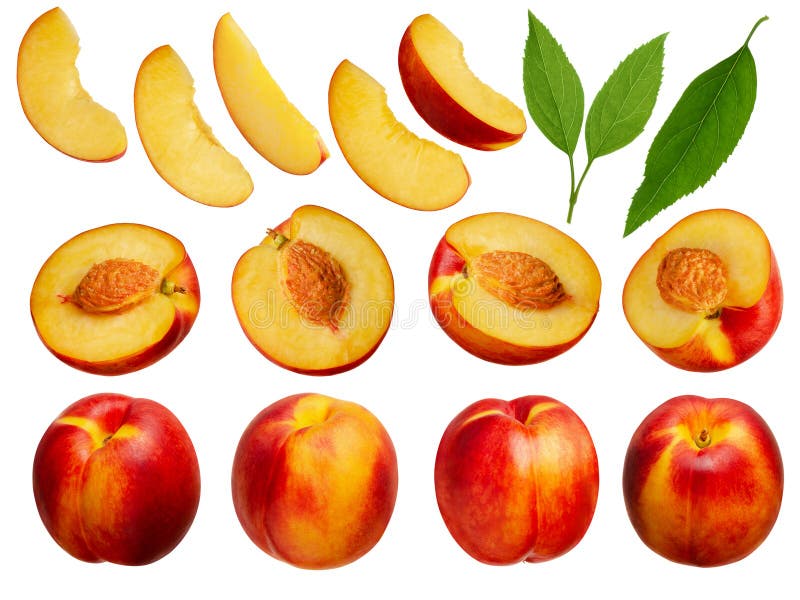 Nectarine or Peach Whole, Half and Slices Set with Leaves Isolated on ...