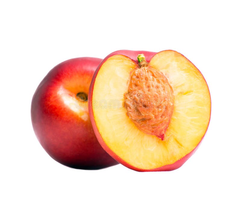 Nectarine Whole And Half Of Nectarine With A Stone Isolated Nectarines On A White Background