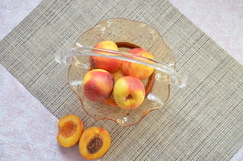 Nectarines and Peaches in Backet. Peach, Nectarine Cut in Half Stone ...