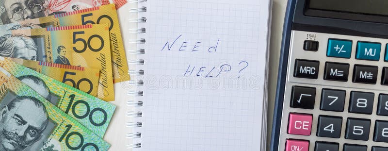 Need Help Text on Notepad and Australian Dollars Stock Image - Image of ...