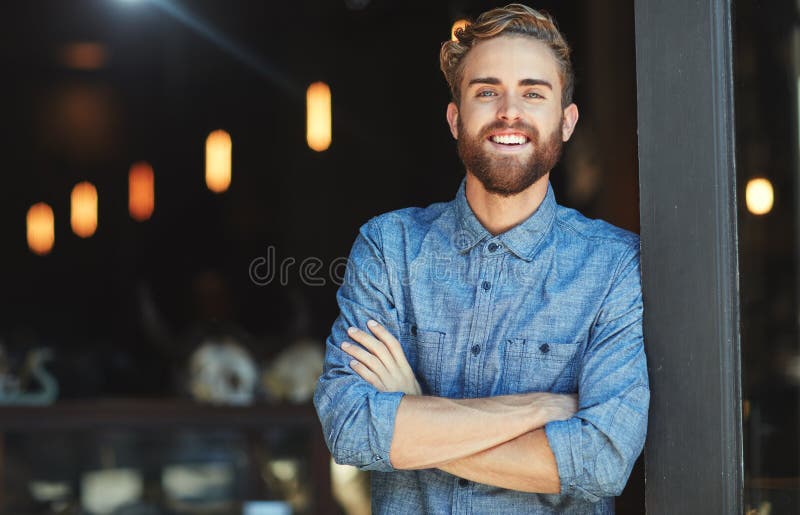 Need Some Great Coffee Come on in. Portrait of a Happy Young Man in a ...