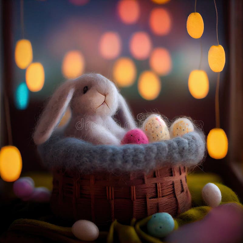 Needle Felted Easter Bunny with Easter Eggs. Illustration Generative AI ...