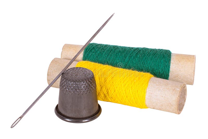 Needle, Thimble and Sewing Threads on White Background Stock Image ...