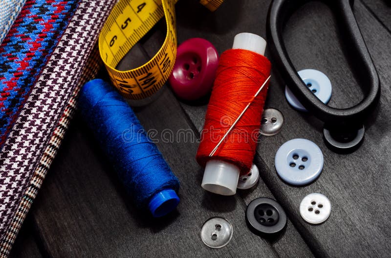 Needle and Thread. Scissors and Cloth Stock Image - Image of measure ...