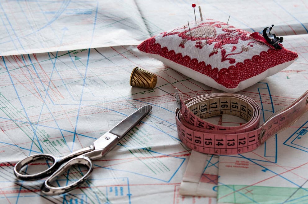 Needlework Concept. Various Sewing Tools. Sewing Accessories and Fabric ...