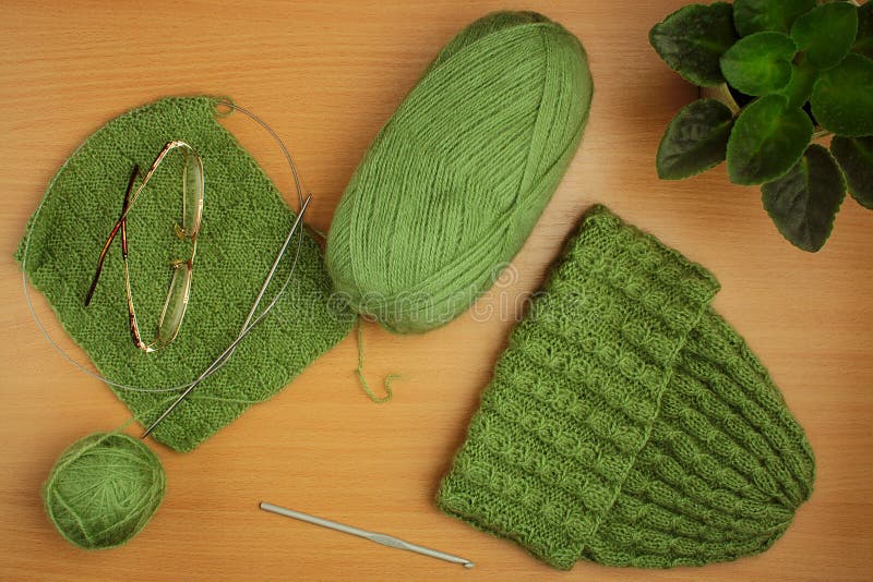 Needlework, Knitting Needles and Crochet, Hat of Light Green Thread ...