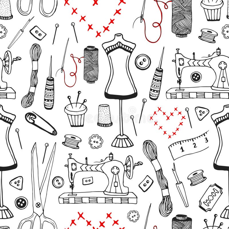 Needlework and Sewing Equipment Seamless Pattern. Vector Hand Drawn ...