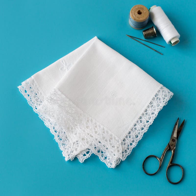 Needlework. Two White Handkerchiefs with Lace Trim. Stock Image - Image ...