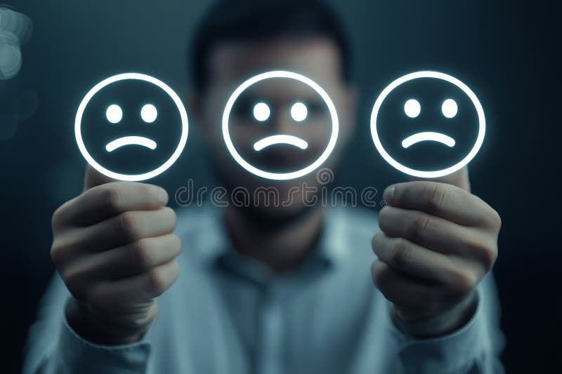 Negative Feedback Businessman Holding Three Sad Emoticons Stock ...