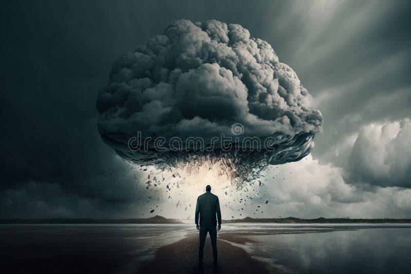 Negative Thinking Concept with Head in Storm Clouds and Lighting ...
