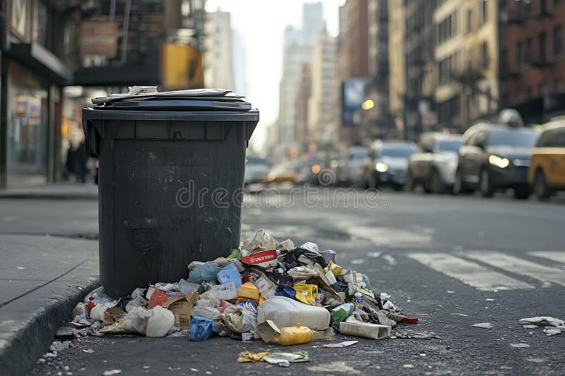 Neglected City Trash Can Overflowing with Garbage in Urban Area Stock ...